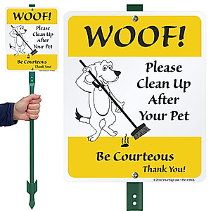 SmartSign 12" x 10" 'Woof Please Clean Up After Your Pet, Be Courteous, Thank You' Lawn Yard Sign with 3 ft Stake, 40 mil Laminated Aluminum, Yellow, Black and White, Set of 1, USA-Made