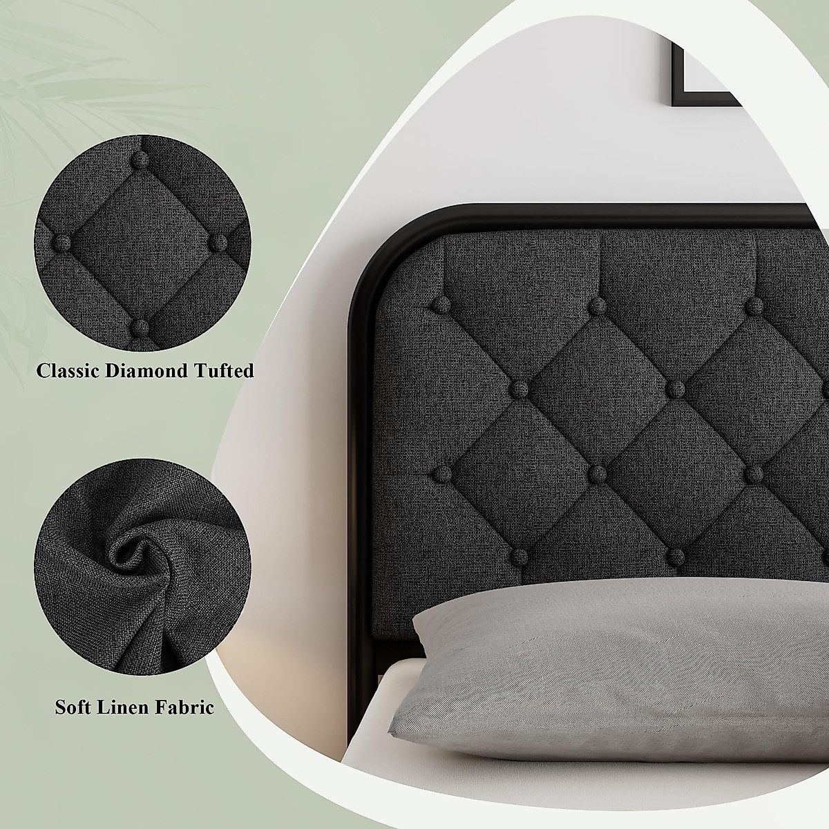 Feonase King Size Bed Frame with Linen Upholstered Headboard, Heavy Duty Metal Platform Bed with 12" Under-Bed Storage Space, No Box Spring Required, Easy to Assemble, Gray