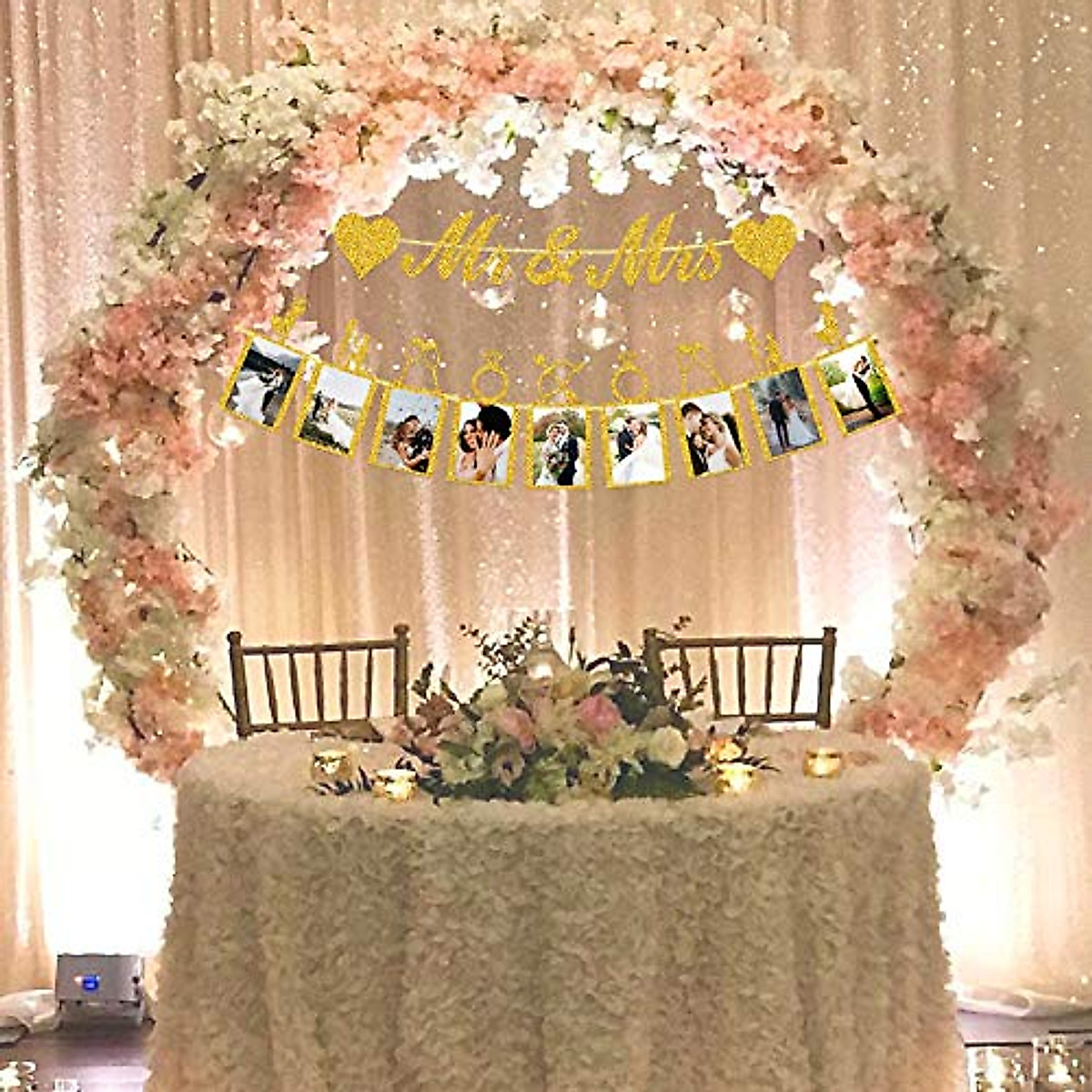 Wedding Decorations,Mr & Mrs Banner and Photo Banner with Picture Card Frames for Wedding/Engagement/Anniversary Party Decorations(Gold Glitter)