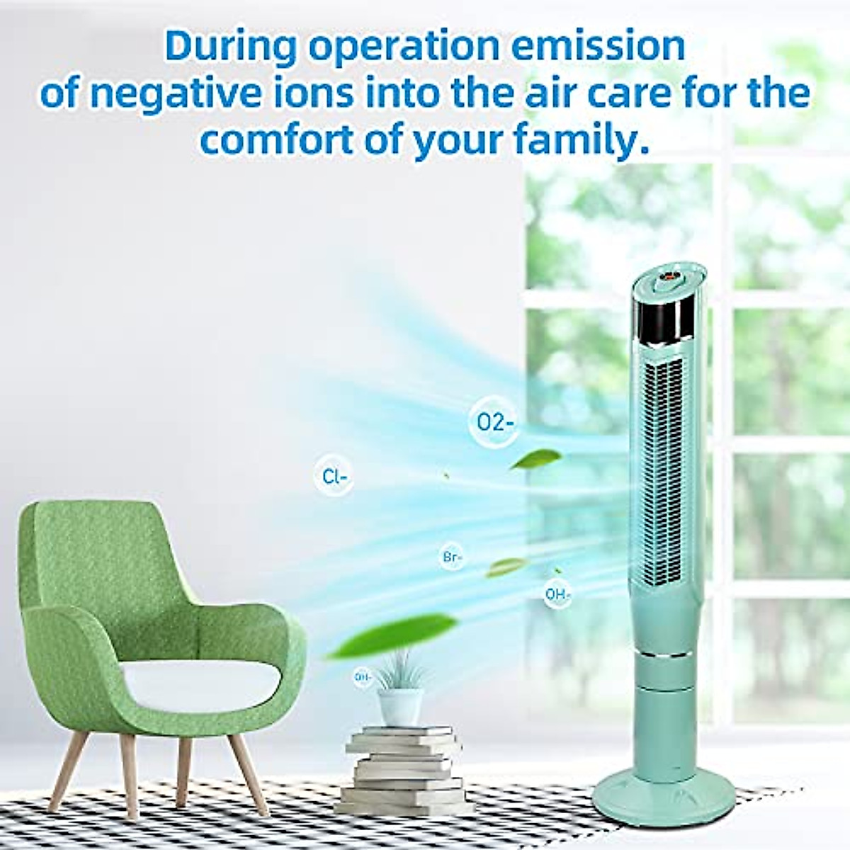 R.W.FLAME Tower Fan,360° oscillating standing fan, Room Fan, Portable Bladeless, Quiet Floor Fan with Remote, 8 Speeds, 3 Modes, 24H Timer for Bedroom, and Home Office Use (47-inch, GREEN)