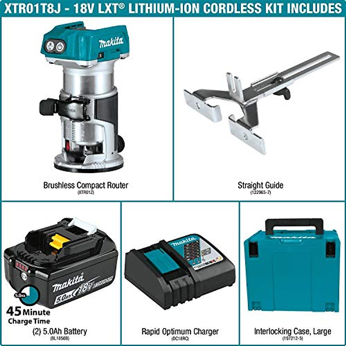 Makita XTR01T8J 18V LXT® Lithium-Ion Brushless Cordless Compact Router Starter Kit (5.0Ah)