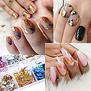 12 Grids Gold Nail Art Foils Flakes Holographic Nail Glitter Sequins Gold Silver Laser Shiny Design Confetti Nail Foil Flakes for Acrylic Nail Charms Decorations Women DIY Nails Art Supplies