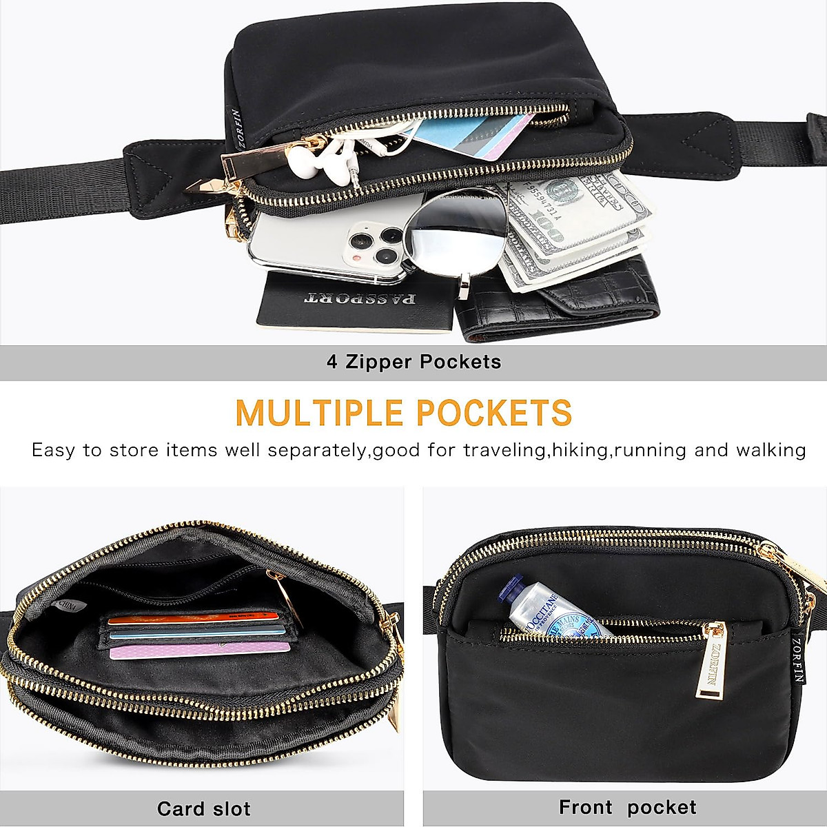 ZORFIN Fanny Packs for Women Men, Black Crossbody Fanny Pack, Belt Bag with Adjustable Strap, Fashion Waist Pack for Outdoors/Workout/Traveling/Casual/Running/Hiking/Cycling (Black)