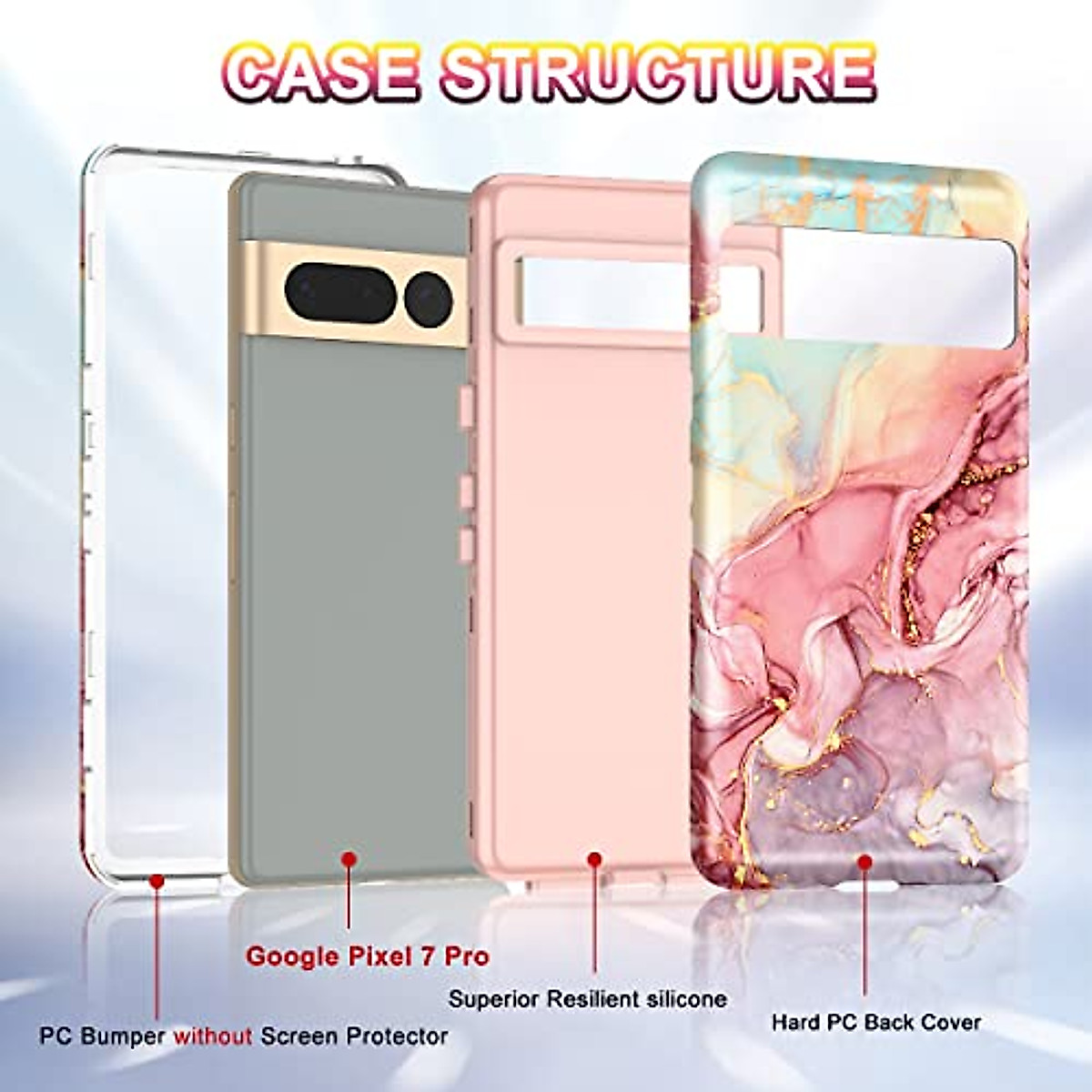 Btscase Case, Marble Pattern 3 in 1 Heavy Duty Shockproof Full Body Rugged Hard PC+Soft Silicone Drop Protective Women Girl Covers for Google Pixel 7 Pro (2022), Rose Gold