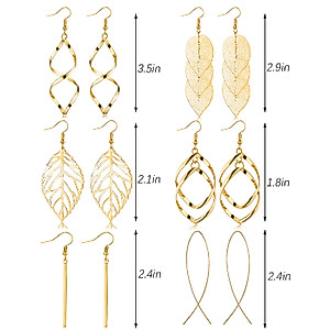 FUNEIA 6 Pairs Drop Dangle Earrings for Women Long Bar Double Twist Wave Curved Threader Cut Out Leaf Lightweight Earrings Set