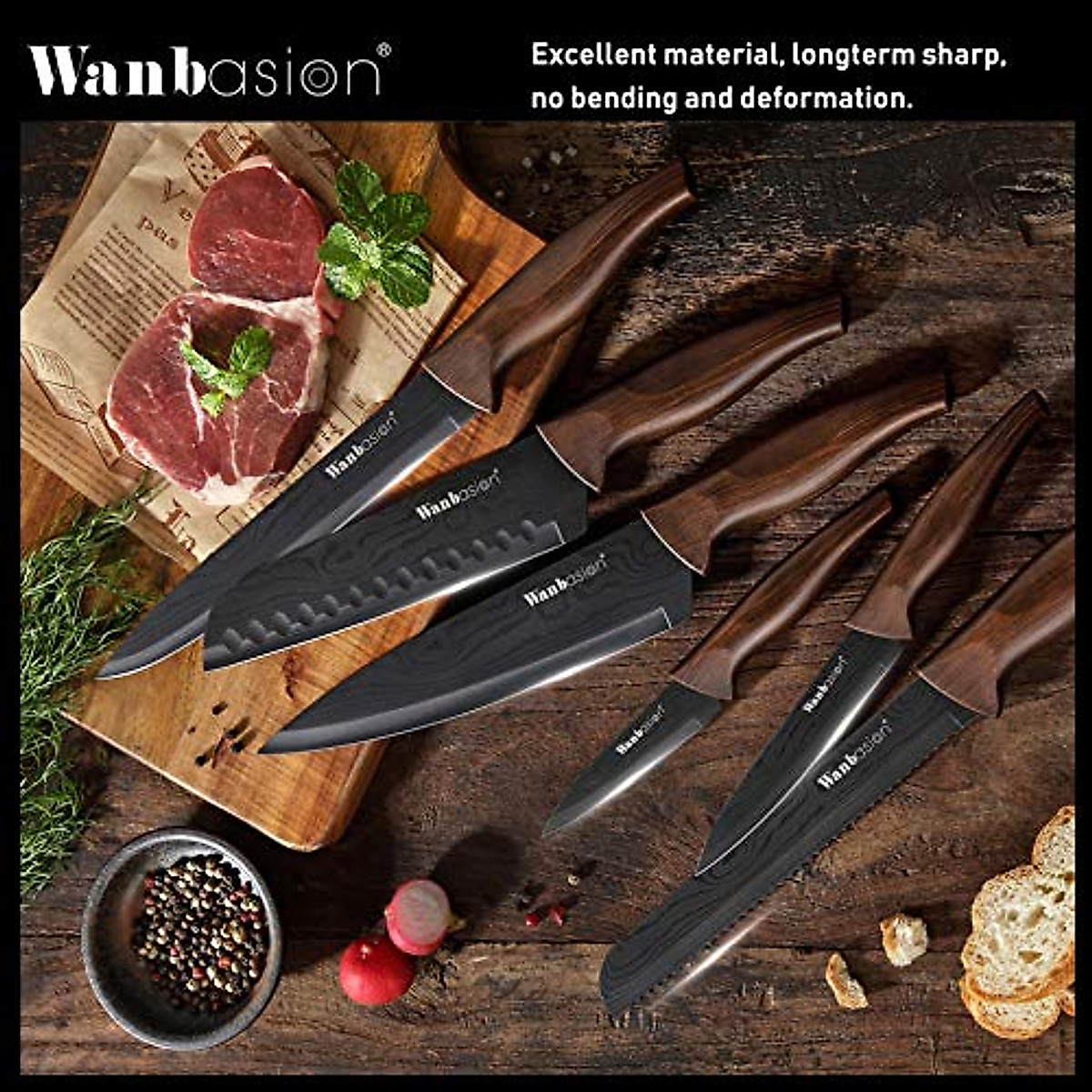 Wanbasion Matte Black Titanium Plated Stainless Steel Kitchen Knife Set, Chef Kitchen Knife Set Professional, Dishwasher Safe Kitchen Knife Set with Damascus Style