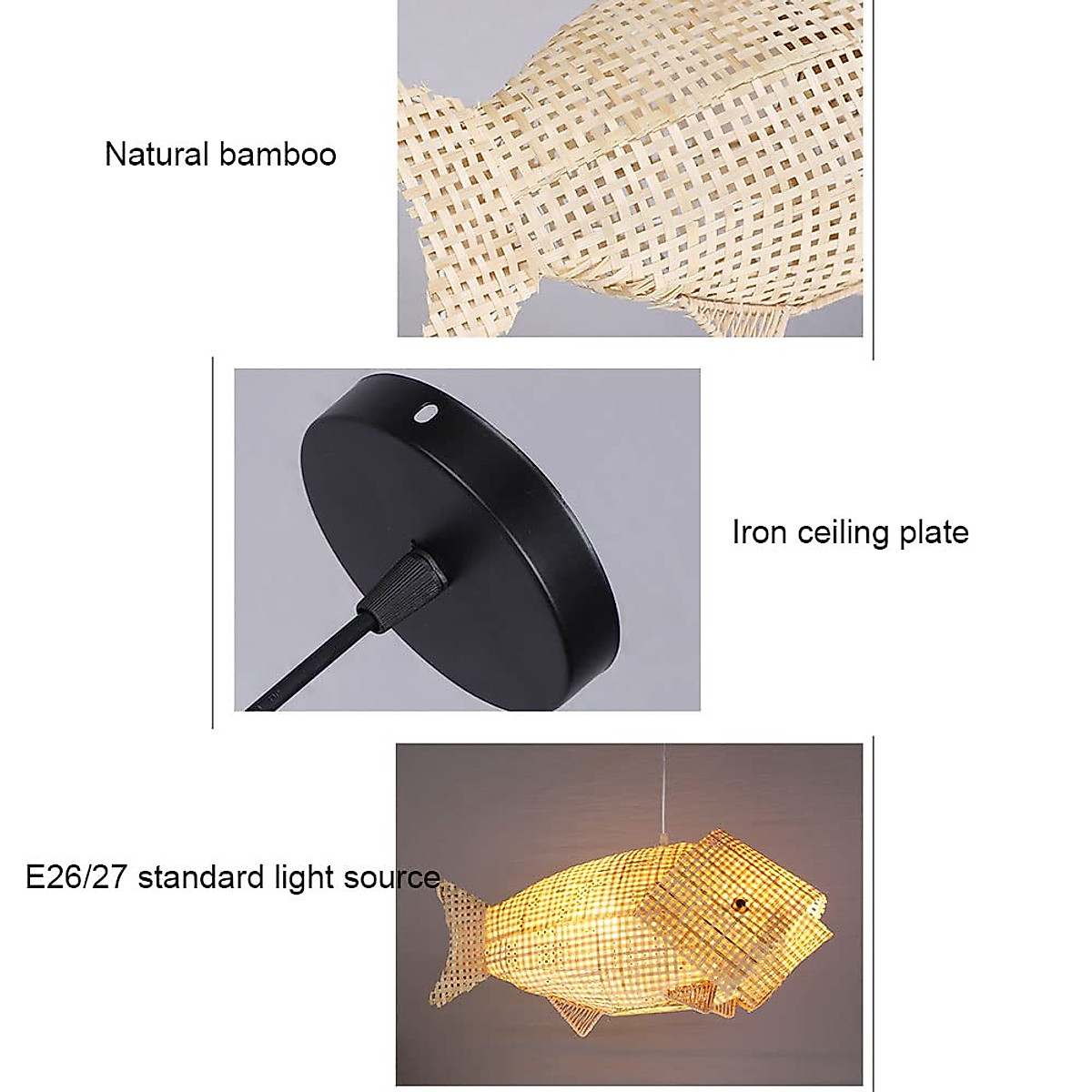 PARREN Fish-Shape Lantern Chandelier Hand-Wove Lamp Shade Modern Boho Style Bamboo Art Wicker Pendant Lamp Adjustable Ceiling Lighting Fixture Over Kitchen Island for Living Room,Dining Room Bedroom