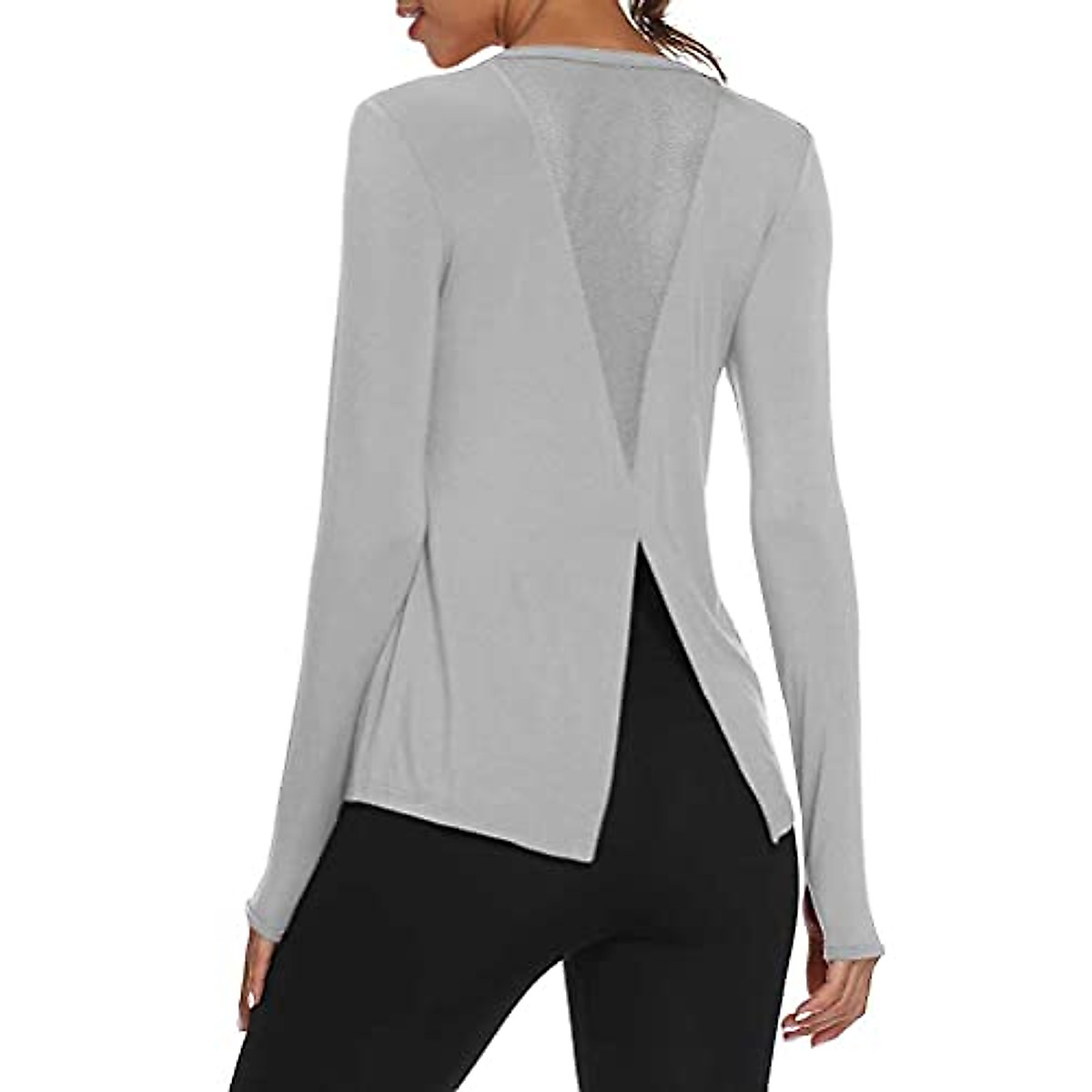 Mippo Long Sleeve Wokout Shirts for Women Yoga Tops Tie Back Tank Tops Thumb Hole Shirts Backless Tops Gym Sweater Workout Clothes Sports Active Exercise Wear for Women 2022 Gray L