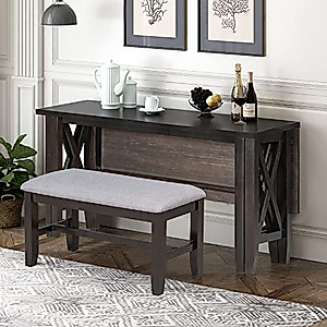 Goohome 6-Piece Kitchen Set, Mid-Century Wooden Foldable Rectangular Dining Table, 4 Upholstered Chairs and Bench Family Furniture, for Home, Apartment, Espresso