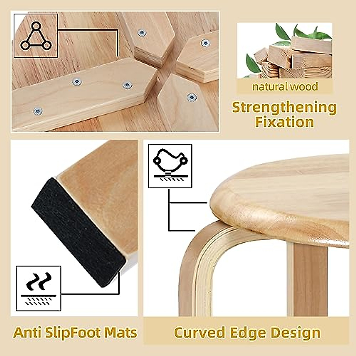 Yawinhe Wood Stools, Portable Barstools with Round Top, Anti-Slip Felt Pad, Stackable Stool Chairs, for Dinning, Living Room, Class Room, 11.8''Lx11.8''Wx16.53''H, Natural, 2-Pack, UDS001N-2