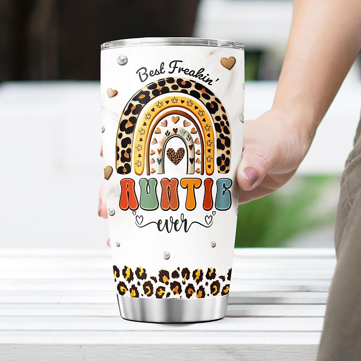 JENOIS Best Freakin Auntie, Tumbler 20 Oz With Lid And Straw, Cheetah Print Leopard, Aunt Gifts