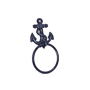 Handcrafted Nautical Decor Rustic Dark Blue Cast Iron Anchor Towel Holder 8.5" - Cast Iron Decoration - an