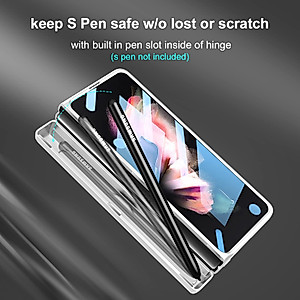 Libeagle [Updated Version] Compatible with Samsung Galaxy Z Fold 3 Case [Built in Hidden S Pen Holder to Avoid Pen Lost][Leather on Back][Screen Protector][Hinge Protection] Cover 5G 2021-Silver