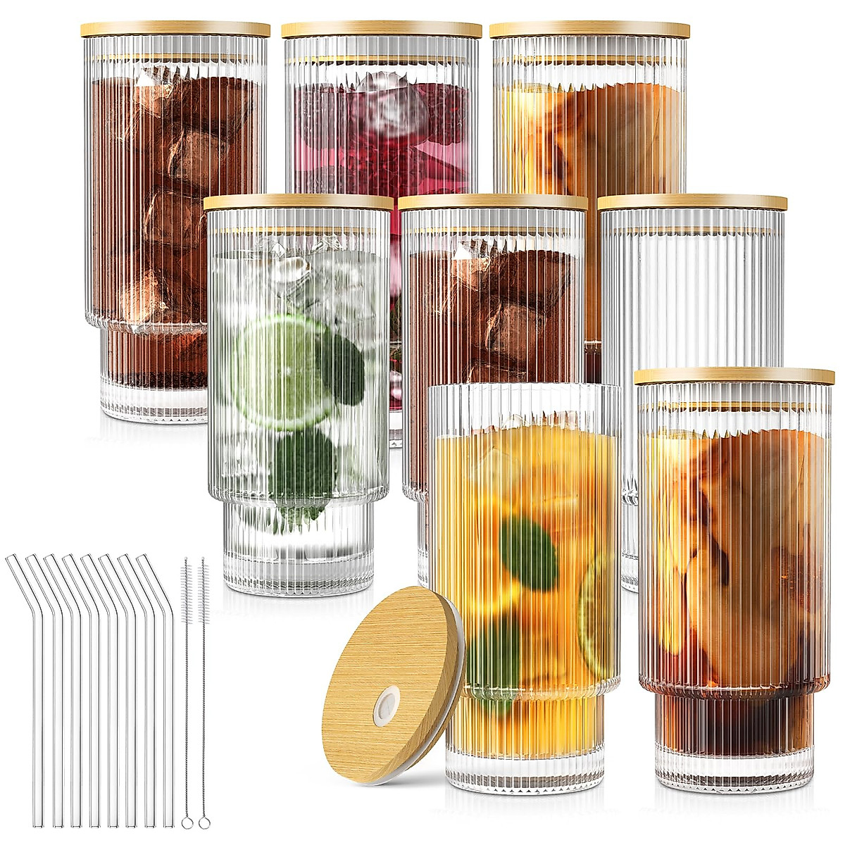 CWHHRN Glass Cups, 16OZ Vintage Glass Coffee Cups with Lids and Straws 8 Set, Vintage Glassware for Whiskey Cocktail Beer, Iced Coffee Cups with Lid, Glass Tumbler with Straw and Lid