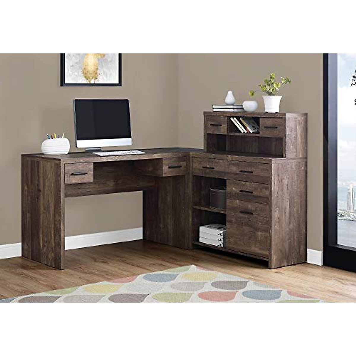 Monarch Specialties Computer Desk L-Shaped - Left or Right Set- Up - Corner Desk with Hutch 60"L (Brown Reclaimed Wood)