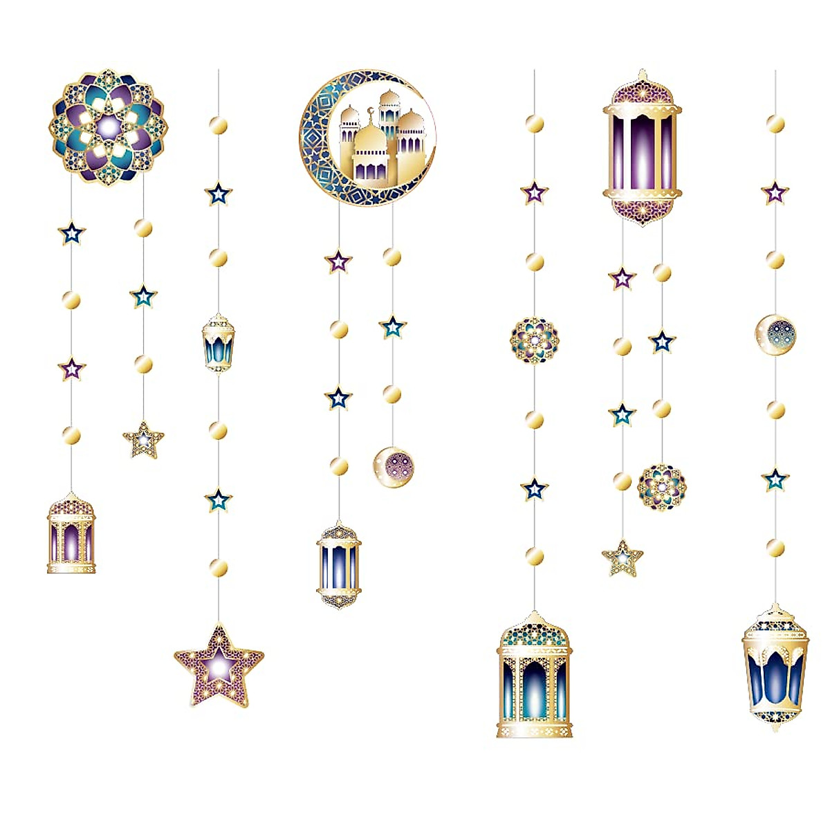 6 pcs Purple Blue Gold Ramadan Garland Kit with Lantern Crescent Moon Star for Ramadan Party Decoration Hanging EID Banner Streamer Decorations Islamic Birthday Bday Wedding Party Supplies