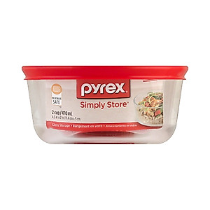 Pyrex Simply Store 2-Cup Single Glass Food Storage Container with Lid, Non-Pourous Round Meal Prep Container, BPA-Free , Dishwasher, Microwave, Oven and Freezer Safe,Red
