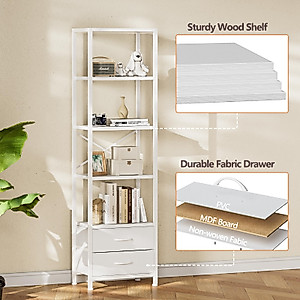Furnulem 5-Tier Corner Shelf, Narrow Bookshelf with 2 Storage Drawers, Tall Bookcase, Standing Shelf Organizer Unit for Living Room, Bedroom, Metal Frame, Wood Display Shelf(White)
