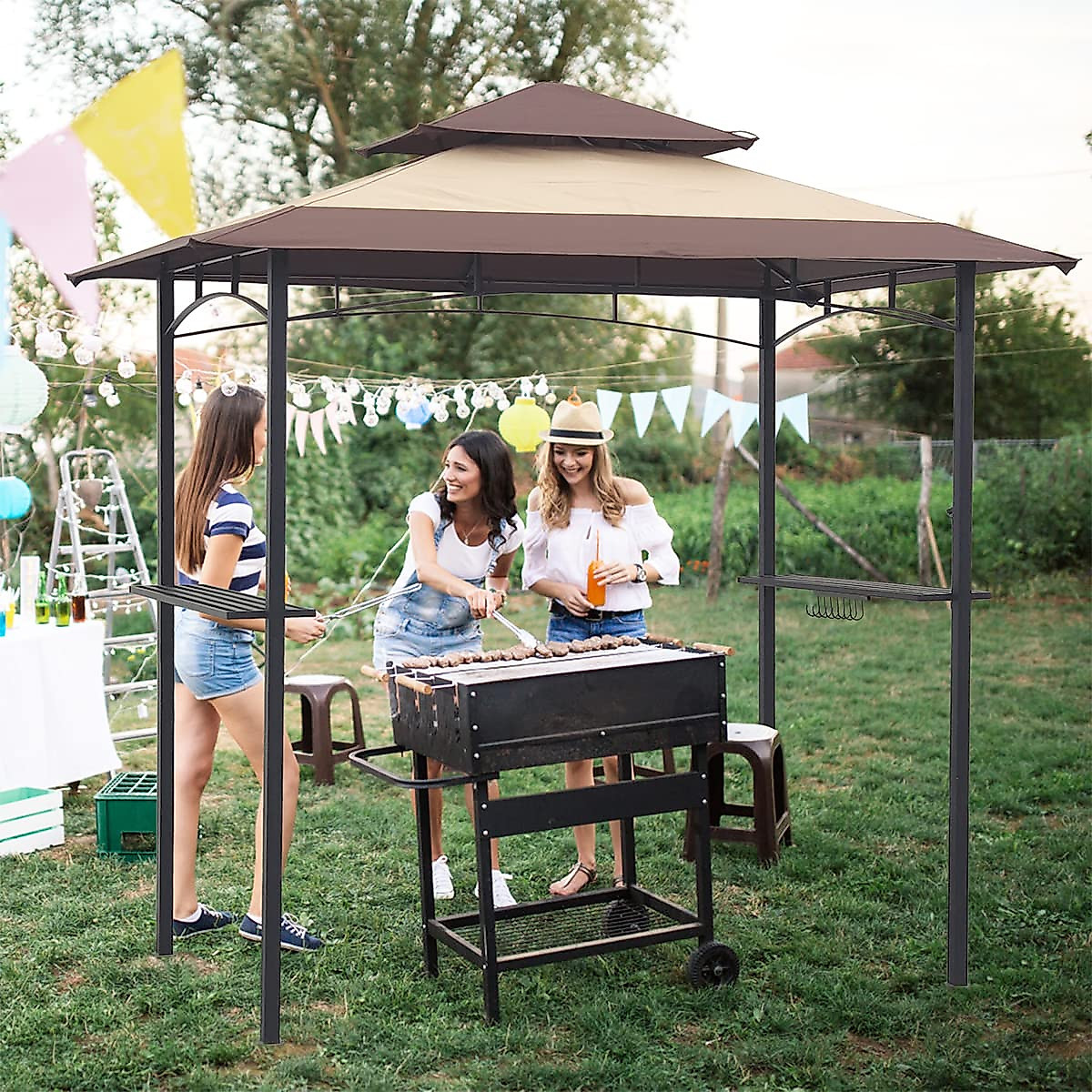 8'x 5' Grill Gazebo, Pop up Outdoor Gazebo, with 2 Storage Shelf and Hook Up, Double Tiered Grill Canopy Barbecue Gazebo, Waterproof Grill Canopy Shelter for Patio Backyard Sun Shade BBQ Canopy