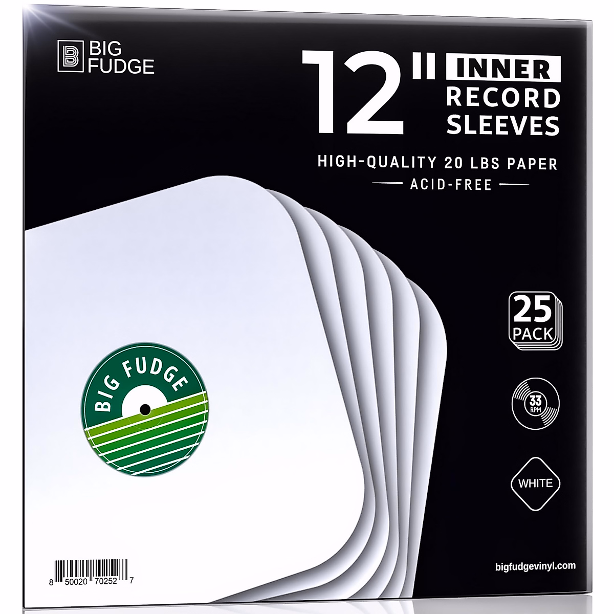 Big Fudge 25x Vinyl Record Inner Sleeves - Round Corners for 12" Records - Vinyl Record Sleeves in Heavyweight & Acid Free Paper - Protective LP Album Cover - White