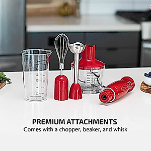 OVENTE Immersion Electric Hand Blender 300 Watt Power 2 Mix Speed with Stainless Steel Blades, Handheld Stick Mixer Set with Egg Whisk Attachment Mixing Beaker and BPA-Free Food Chopper, Red HS565R
