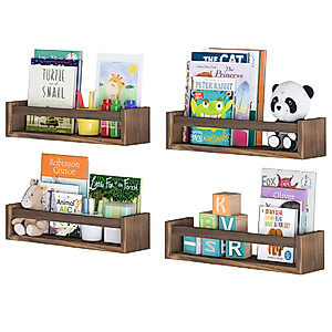 Wallniture Utah Nursery Bookshelf Set of 4, Floating Shelves for Kids Room Decor, Wood Wall Shelves (Burnt Wash Brown)
