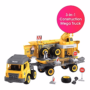 Edushape Remote Control Take Apart, Construction Truck, Assemble, Take Apart, Rebuild, And Drive Use The Powered Drill For All 31 Toy Parts - Includes Lights, Sound & Toy Drill DIY Fun - STEM Learning, Yellow (408014)