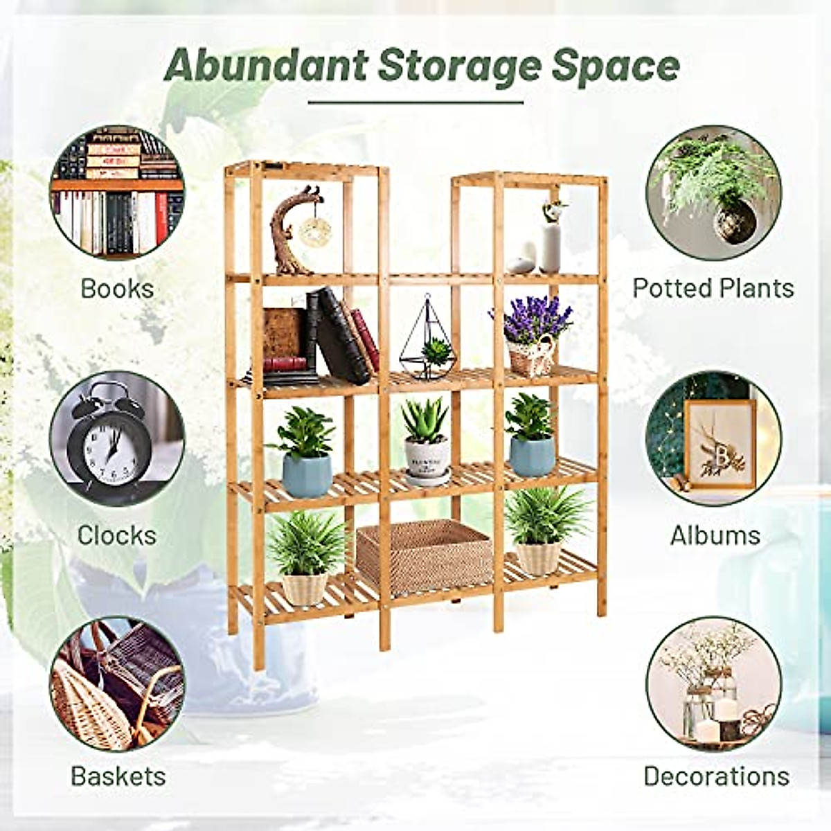 COSTWAY Plant Stand Indoor, 5-Tier Bamboo Plant Display Organizer with Stand for Multiple Plants, Plant Shelf Outdoor for Window, Garden, Balcony, Living Room