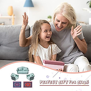 9Pcs Dollhouse Sofa Set,1/12 Dollhouse Decor 3Pcs Dark Green Fabric Sofa, 4Pcs Pillow and 2Pcs Miniature Carpet Turkey Rugs Miniature Furniture Toy for Kids Gift