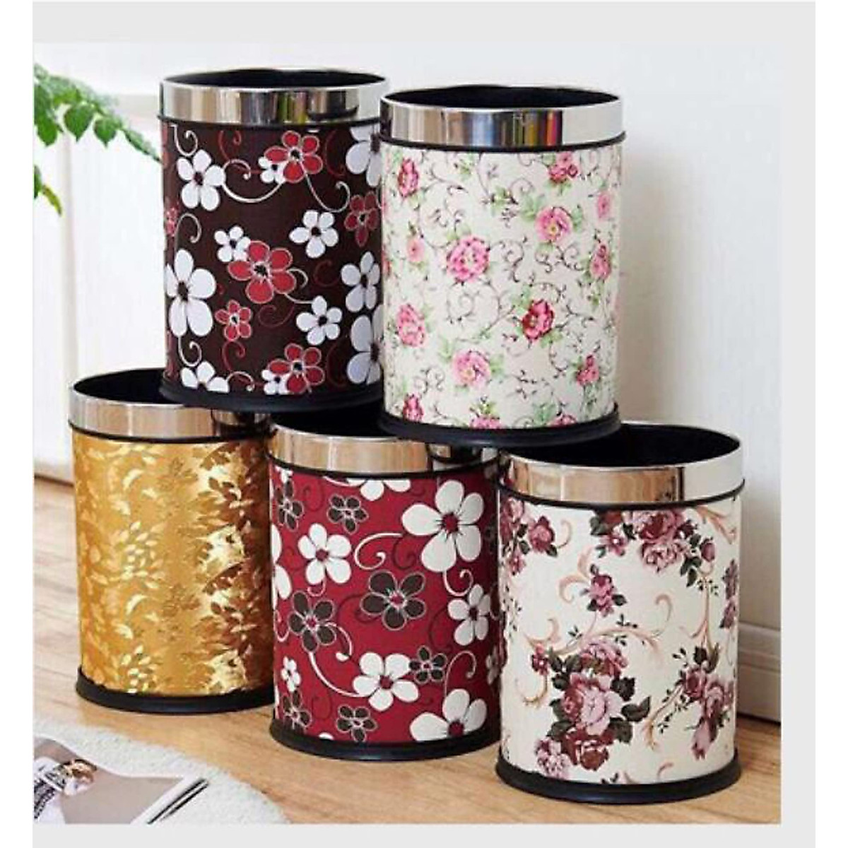 Happiness Decoration Round Garbage Bin Open Top 3.2 Gallon Trash Can for Home, Office, Kitchen, Bathroom,Bedroom, Living Room Wastebasket Waterproof Pu Leather Trash Can Decor (Pattern-D)