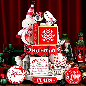 Umigy 14 Pcs Christmas Tiered Tray Decor Set Christmas Wooden Sign Decor Xmas Rustic Santa Claus Snowflake Spice Blocks Winter Table Sign for Christmas Xmas Home Kitchen Holiday