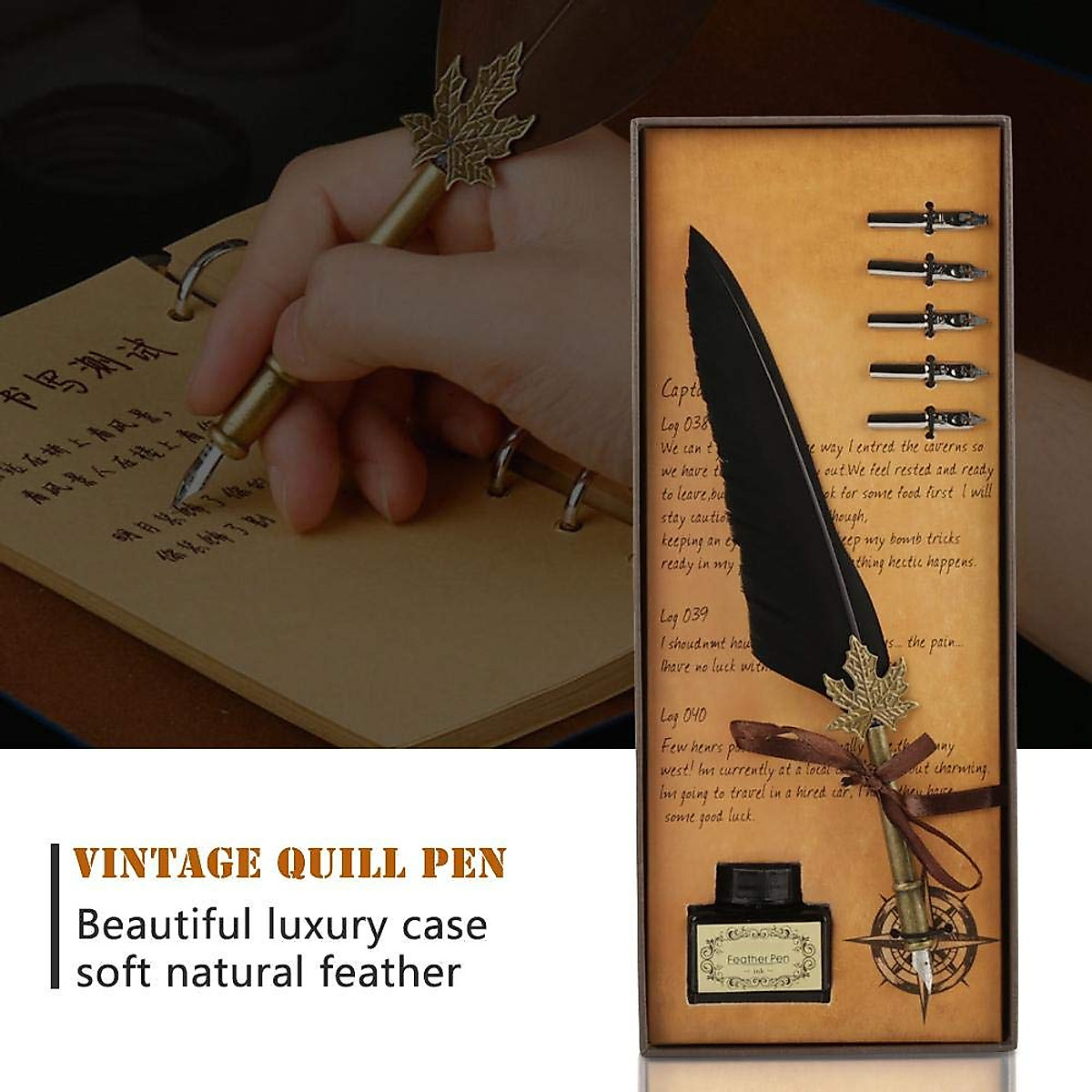 TOPINCN Fountain Pens, Handmade Dip Pen English Calligraphy Dip Quill Pen Writing Ink Set with 5 Replacement Metal Nibs and Pen Nib Base for Stationery(Black)