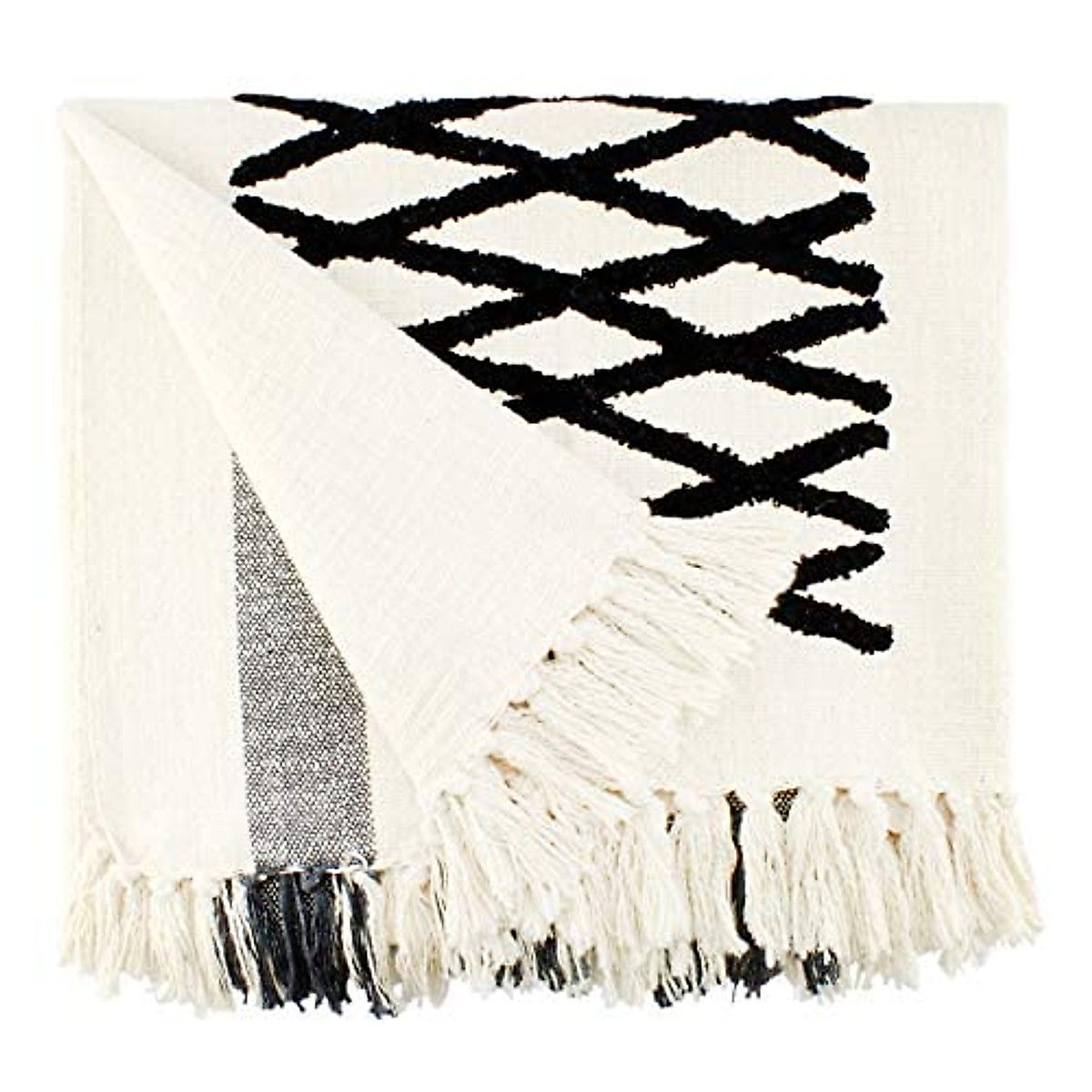 AuldHome Design Boho Farmhouse Throw, Black and Off White 50 x 60 Inch Striped Blanket