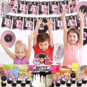 Soccer Star Birthday Party Decoration, Include Miami CF Birthday Banner, Cake Topper, Latex Balloons, for Football Theme Fans, Kids Birthday Party Supplies, Baby Shower