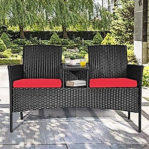 Tangkula Wicker Patio Conversation Furniture Set, Outdoor Furniture Set with Removable Cushions & Table, Tempered Glass Top, Modern Rattan Bench for Garden Lawn Backyard (Red)