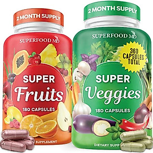 Superfood Fruit and Veggie Supplement - 360 Fruit and Veggie Capsules -100% Whole Super Fruit and Super Vegetable Supplements & Vitamin, Made in USA, Soy Free, Vegan- 60 Servings