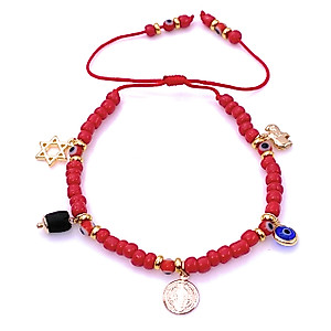 LESLIE BOULES Saint Benedict Protection Red Bracelet for Women Lucky Multi Charms & Genuine Azabache Pendant