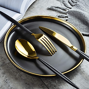 20 Piece Black Gold Flatware Set, Stainless Steel Silverware Set, Titanium Gold Spoon and Spray Paint Handle Cutlery Set, Service Set for 4 (Matt Black with Shiny Gold)