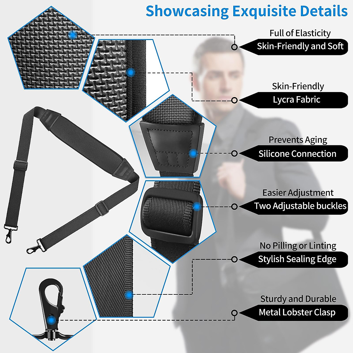 FIEIL 67" Universal Shoulder Strap, Neoprene Thick Padded Bag Strap with Double Adjustable Buckles and Metal Hooks, Ideal for Briefcases, Computer Satchels, Crossbody Bags, Luggage(Supple)