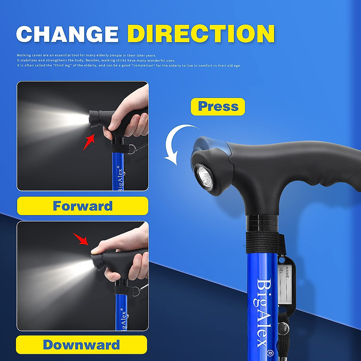 BigAlex Folding Walking Cane with LED Light,Pivoting Quad Base,Adjustable Walking Stick with Carrying Bag for Man/Woman (Alloy Base)