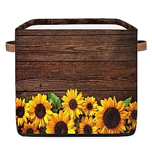 KOBLEN Sunflower Vintage Square Storage Basket Collapsible Storage Box Clothes Basket 13x13 Inch Large Cube Storage Bin With PU Leather Handle for Home Office Closet Shelves