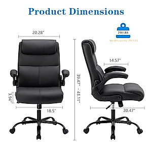 NEWBULIG Ergonomic PU Leather Desk Mid Back Computer Flip Up Armrests Height Adjustable Executive Office Lumbar Support Swivel Task Chair, 20" D x 20" W x 43" H, Black