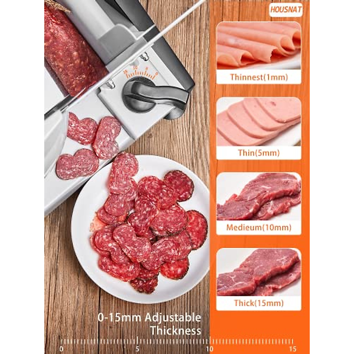 HOUSNAT Meat Slicer for Home Use, Electric Deli Food Slicer Machine with Two 7.5'' Blade and 0-15 mm Adjustable Thickness for Meat, Cheese, Bread, Include Food Pusher, 150W
