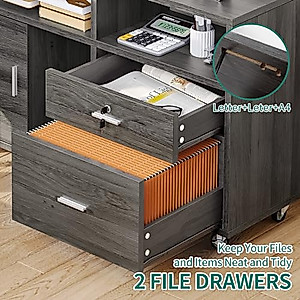 YITAHOME Wood Lateral File Cabinet, 2 Drawer Mobile Storage Cabinet, Fits A4, Letter and Legal, Printer Stand with Open Storage Shelves, Modern Filing Cabinet for Home Office, Grey