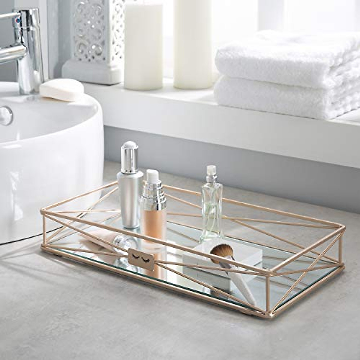Home Details Gorgeous Mirrored, Perfect for Jewelry, Toiletries, Bathroom Organization, Perfume, Makeup, Décor, in Rose Gold Vanity Tray, 14"x 7"x 2"