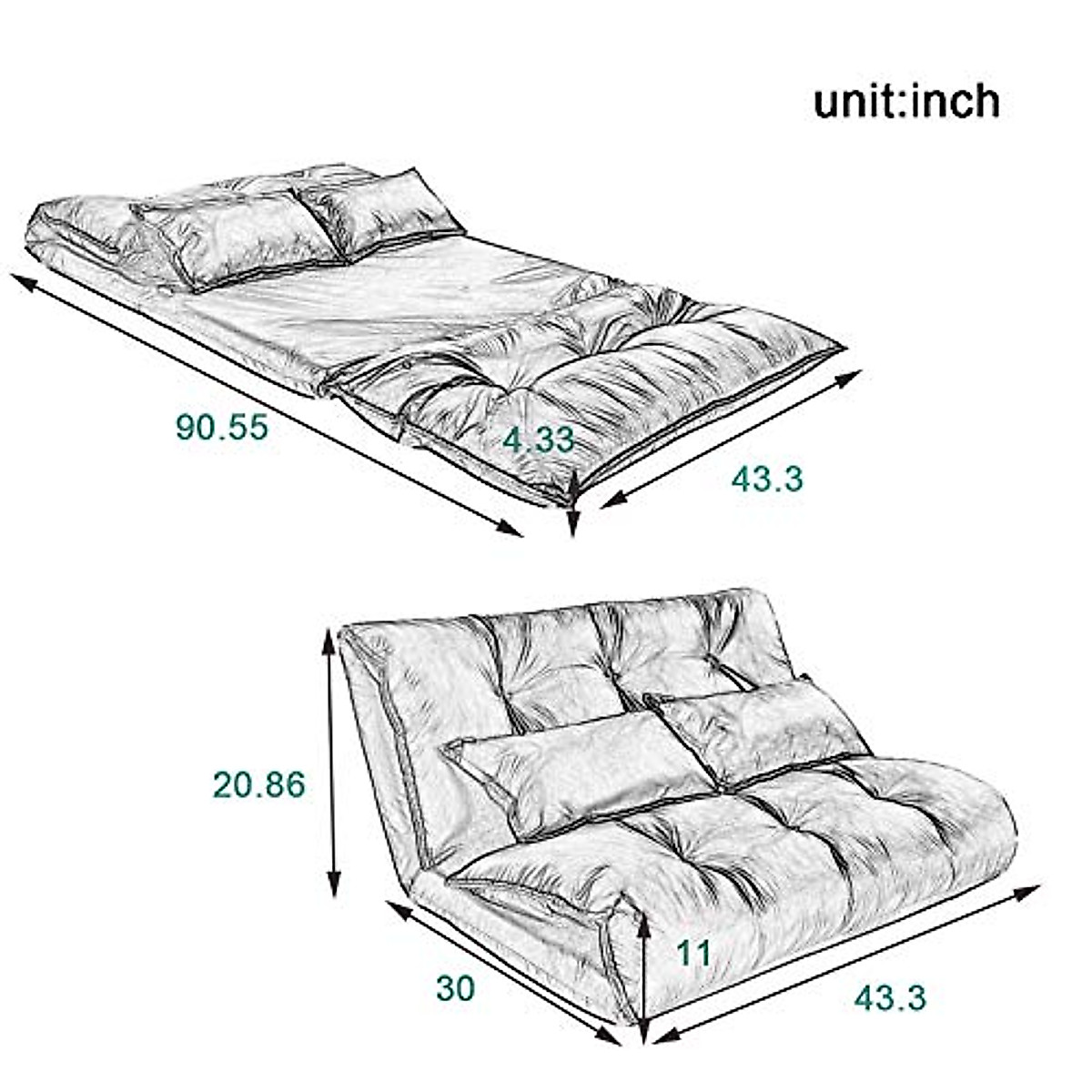 Adjustable Floor Sofa Bed with 2 Pillows , Folding Futon Couch Leisure Lazy Sofa with 5 Reclining Position, PU Floor Sofa for Reading or Gaming in Bedroom/Living Room/Balcony,Black