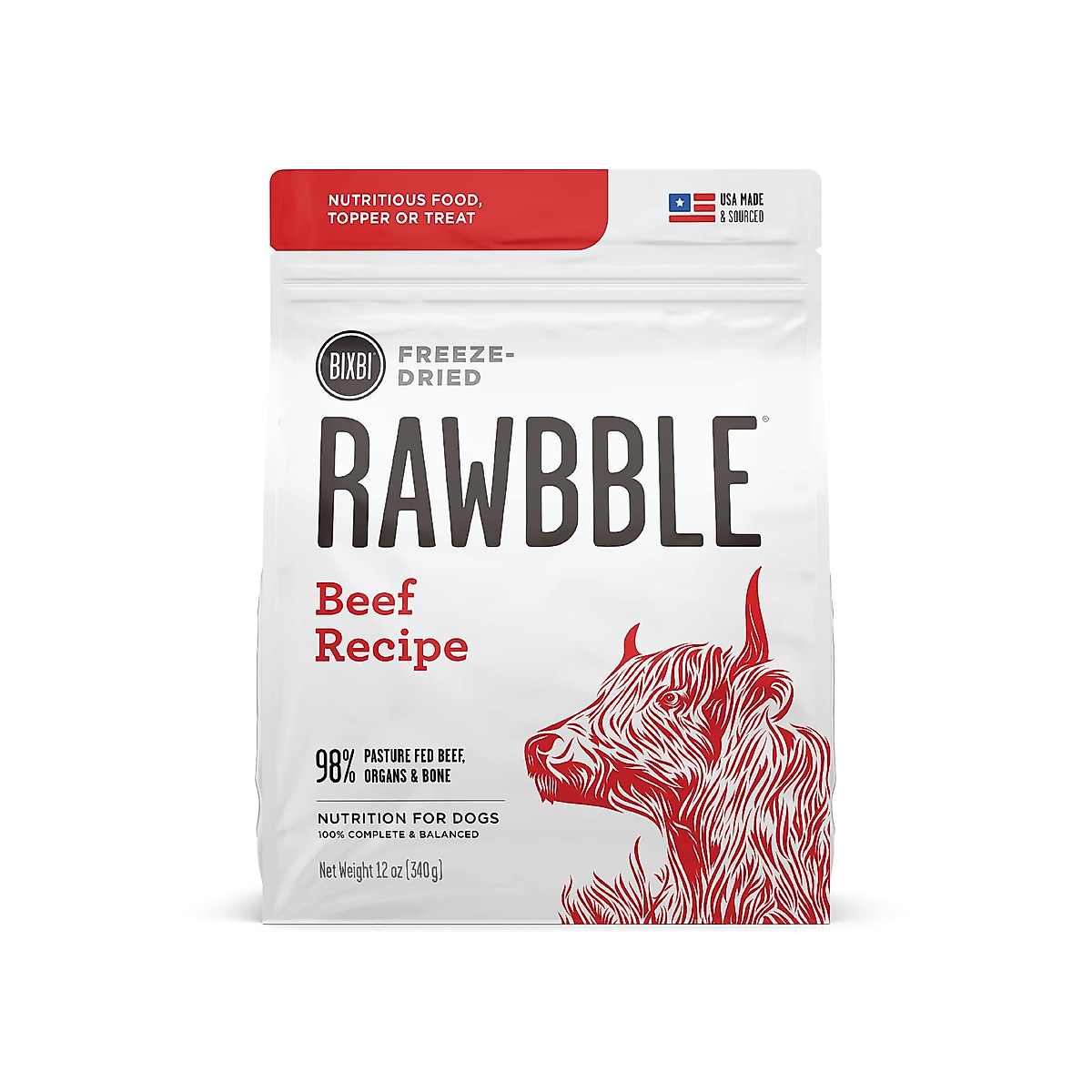 BIXBI Rawbble Freeze Dried Dog Food, Beef Recipe, 12 oz - 98% Meat and Organs, No Fillers - Pantry-Friendly Raw Dog Food for Meal, Treat or Food Topper - USA Made in Small Batches