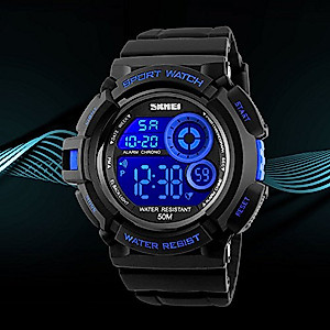 FANMIS Mens Military Multifunction Digital Watches 50M Water Resistant Electronic 7 Color LED Backlight Black Sports Watch (Blue)