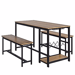 HITHOS 3-Piece Dining Table Set, Rustic Wood Kitchen Dinner Table with Benches for 4, Breakfast Nook Table with Wine Rack and Glass Holder, Rustic Brown