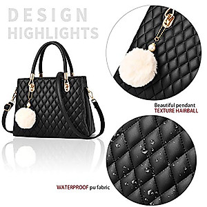 Womens Leather Handbag Purses Top Handle Quilted Shoulder Bag Totes Satchel for Ladies with Pompon